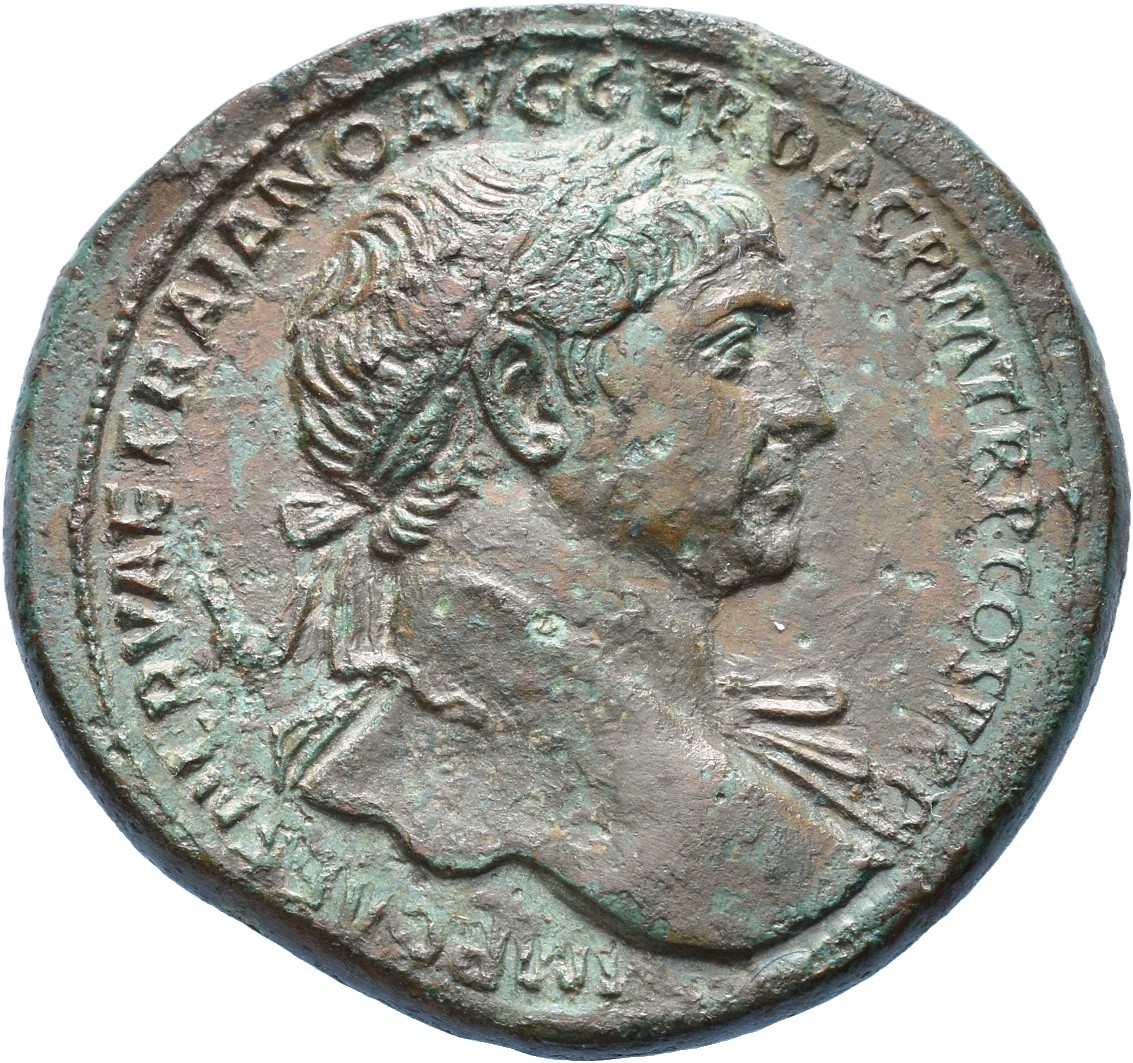 Æ sestertius Trajan (98-117) , 24,79 g, Roma, lett korr., 1+/01 – Oslo ...