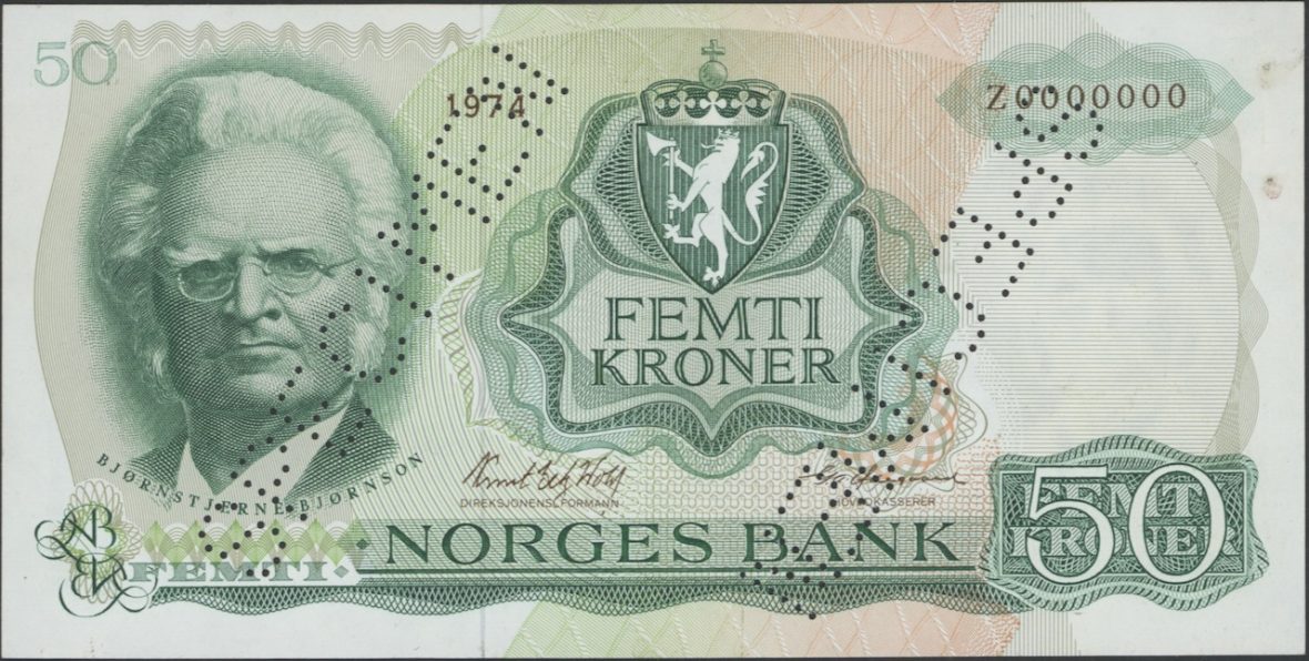 1974 50 kroner Z0000000 specimen, RR., 0/01 – Oslo Myntgalleri